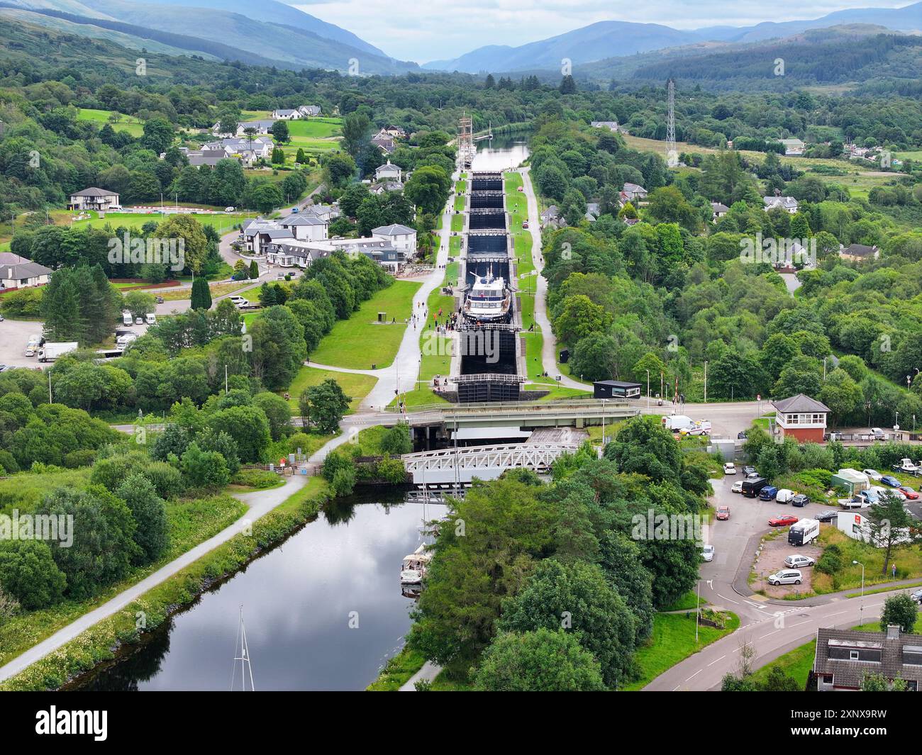 Aerial drone view of Caledonian Canal and Neptunes Staircase locks at ...