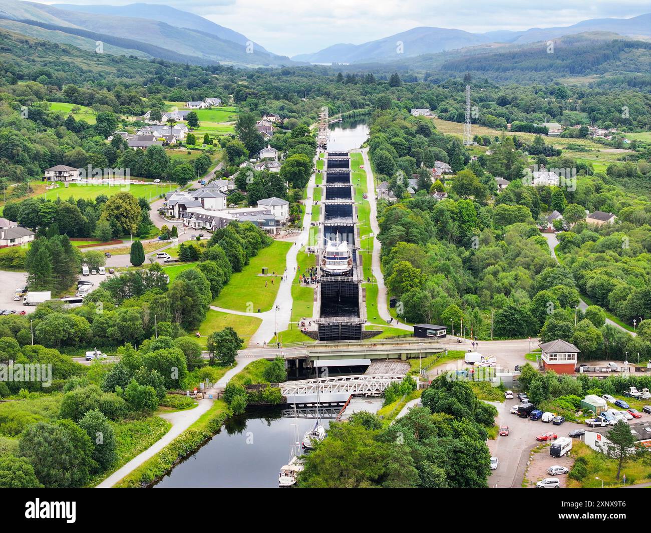 Aerial drone view of Caledonian Canal and Neptunes Staircase locks at ...