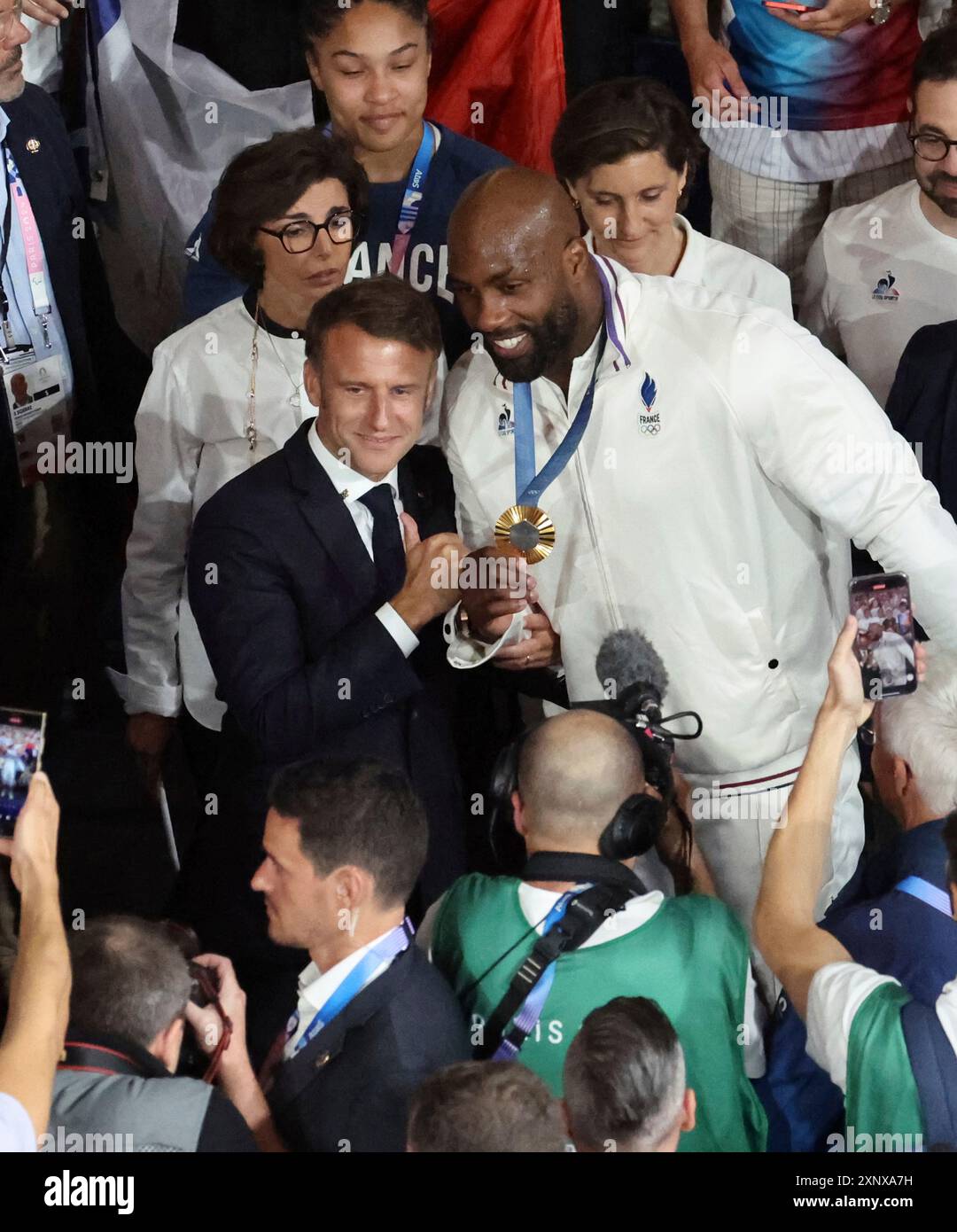 France's President Emmanuel Macron celebrates France's RINER Teddy, the ...