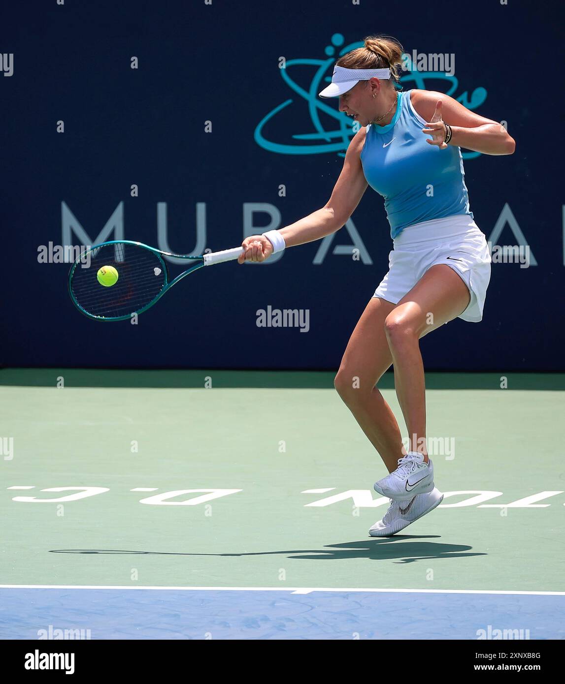 August 2, 2024: Amanda Anisimova (USA) hits a shot during the 2024 ...