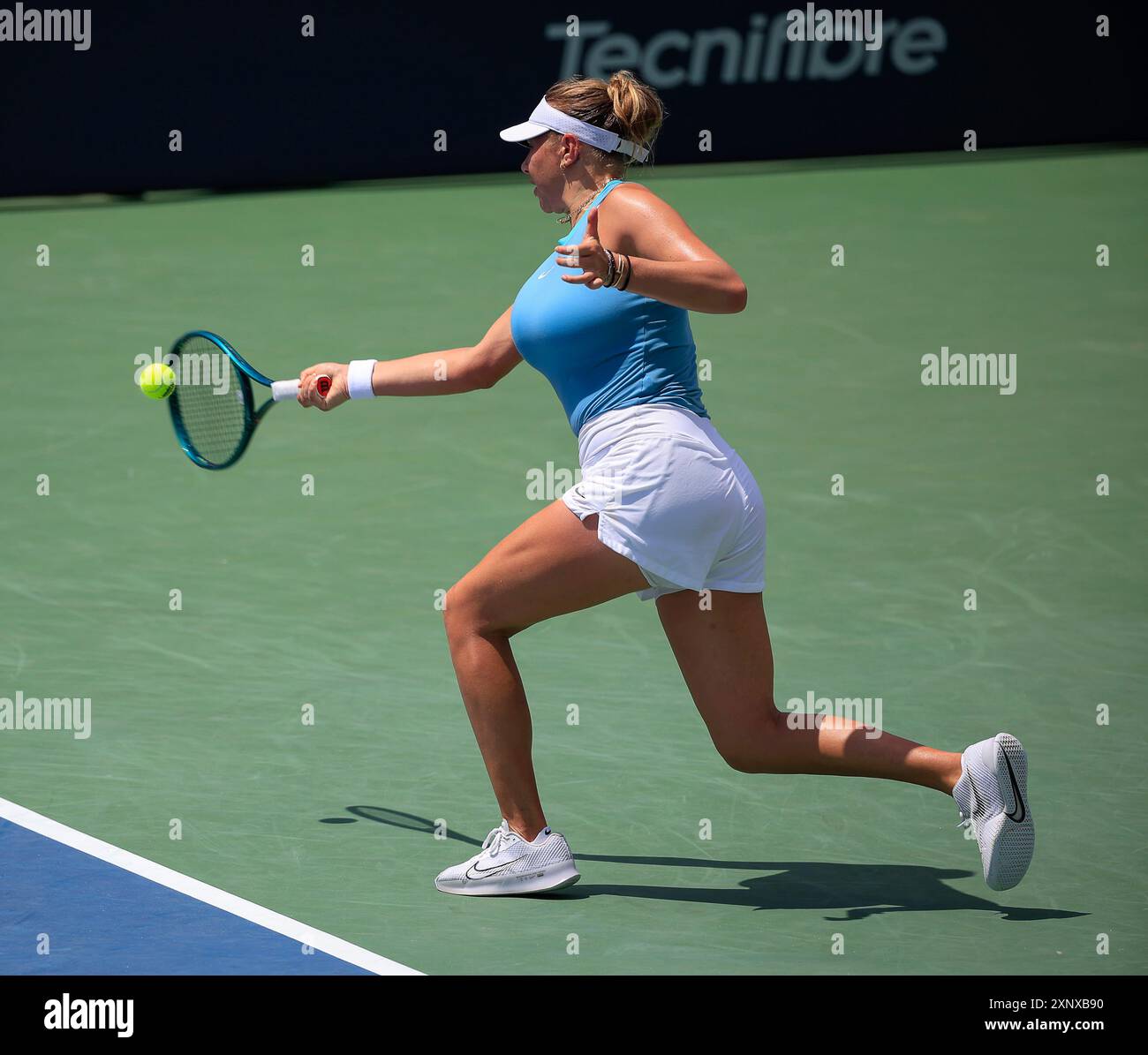 August 2, 2024: Amanda Anisimova (USA) hits a shot during the 2024 ...