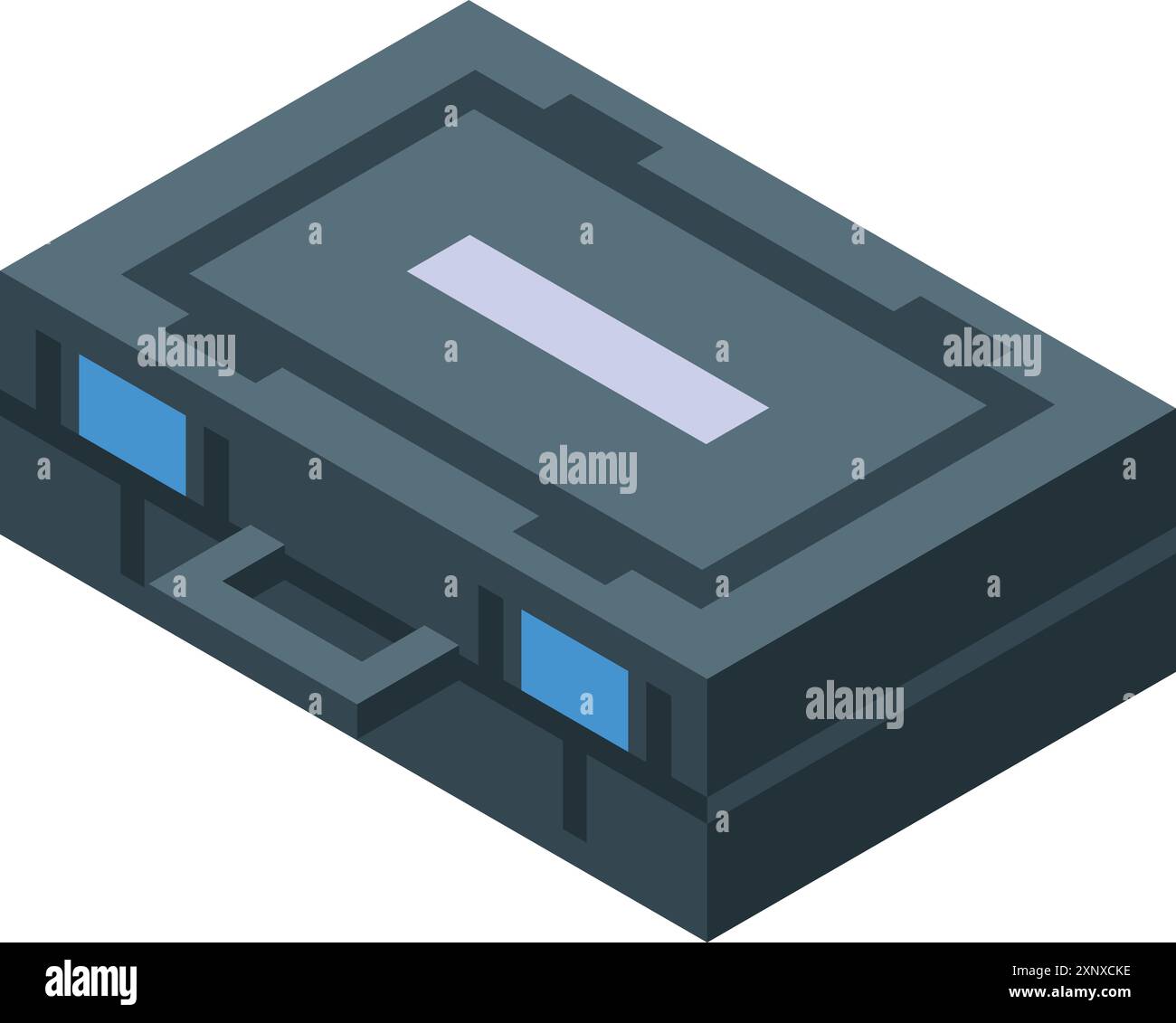 Isometric illustration of a black plastic tool box with metal clasps ...