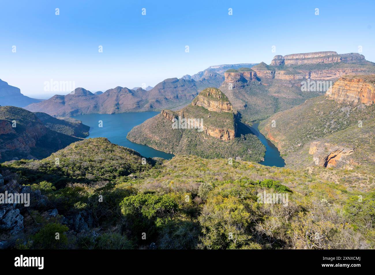 River bend at the Blyde River Canyon with Three Rondawels peak, view of ...