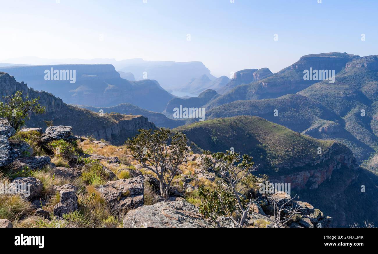 View of the Blyde River gorge, Lowveld Viewpoint, in the evening light ...