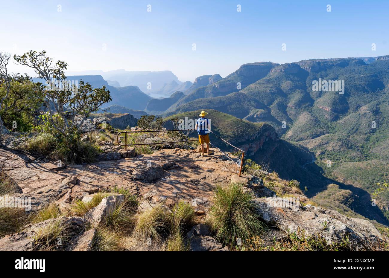 Tourist at the viewpoint, view of the Blyde River gorge, Lowveld ...