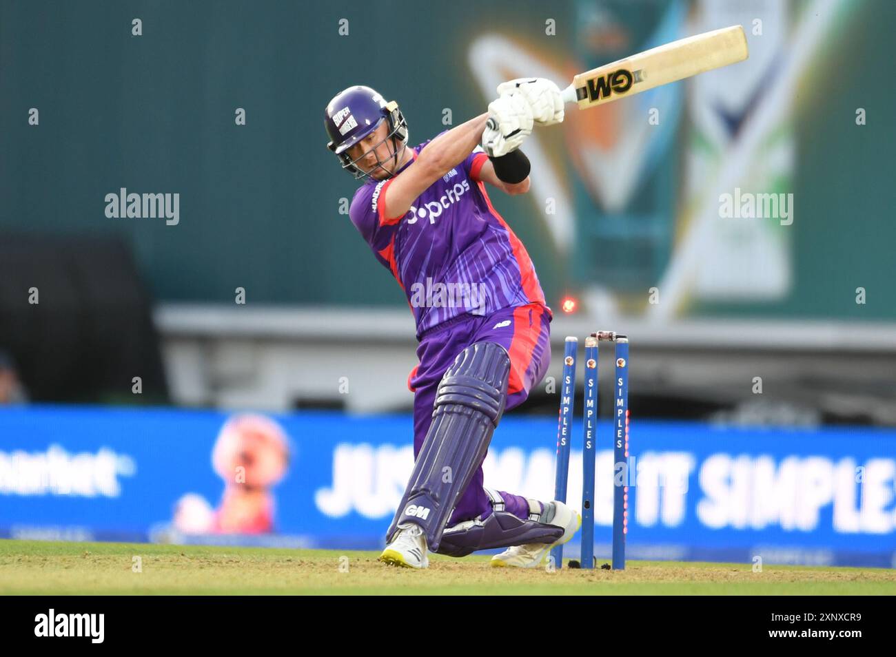 London, England. 2nd Aug 2024. Adam Hose is bowled by Saqib Mahmood ...
