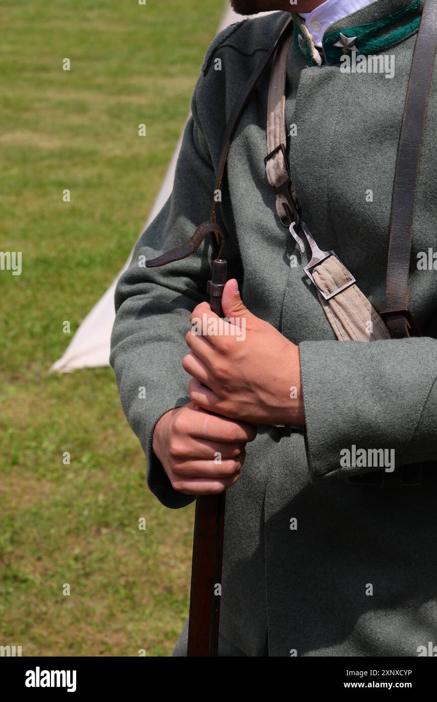 Italian soldier with historical uniform of World War I stands guard ...