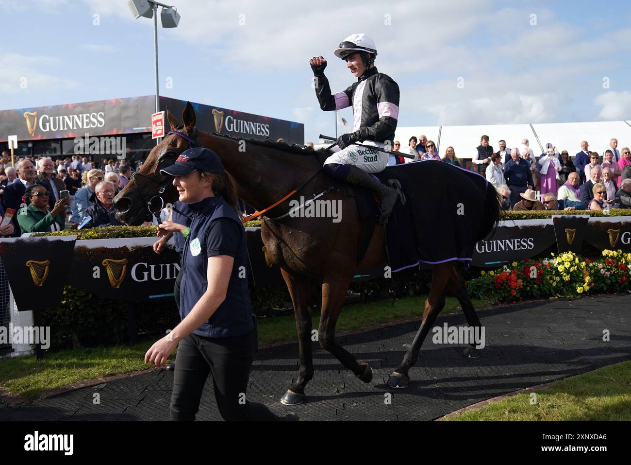 Jockey Danny Gilligan aboard Battleoverdoyen after winning the Guinness Galway Blazers Handicap ...