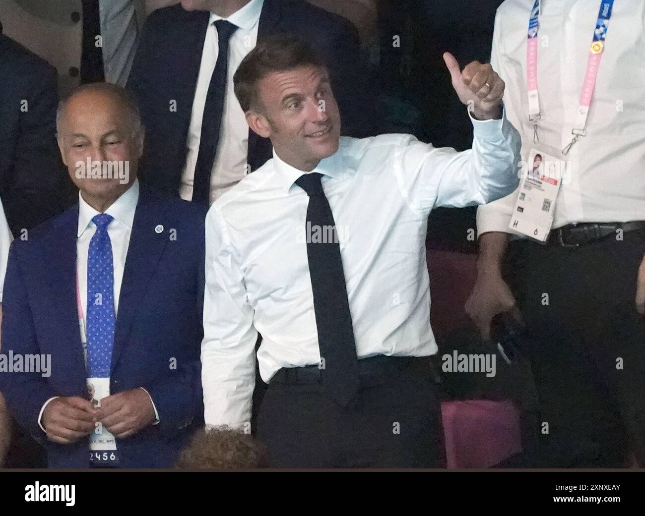 Paris, France. 02nd Aug, 2024. French President Emmanuel Macron waves ...