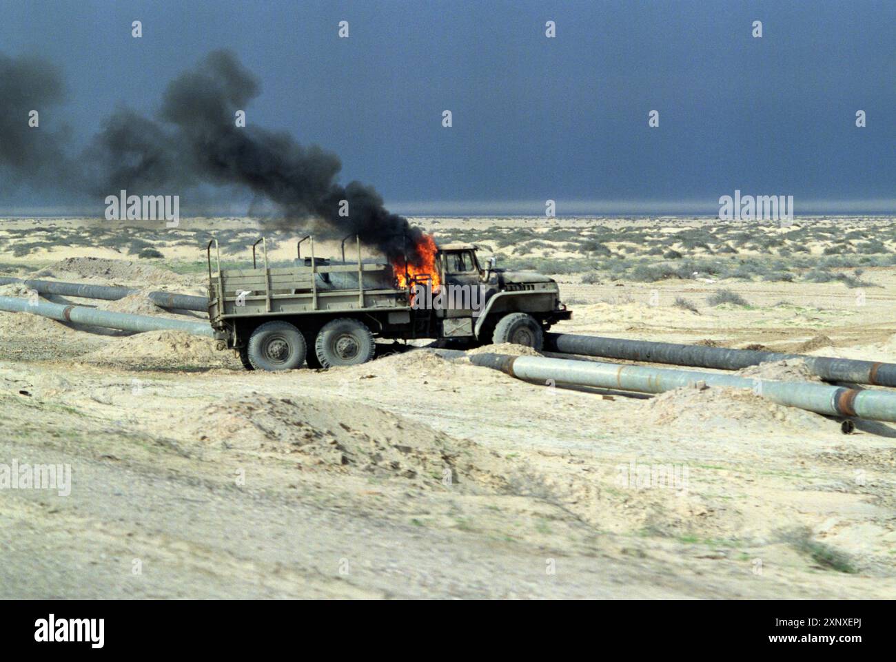 First Gulf War: 4th March 1991 An Iraqi army Ural-4320 6x6 truck burns ...