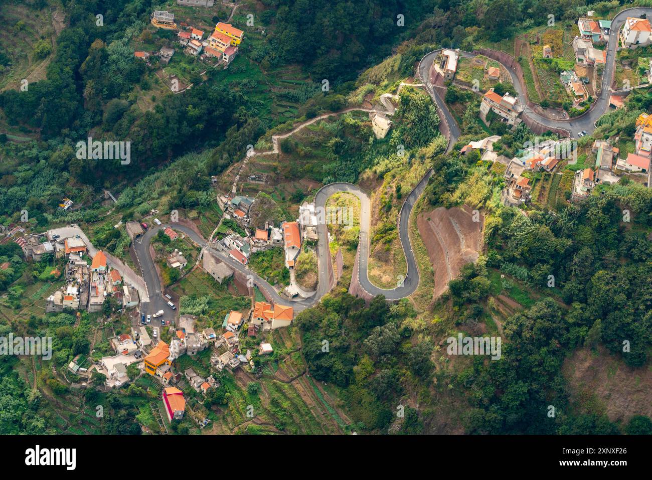 Aerial view of winding road, Curral das Freiras Pen of the Nuns, Camara ...