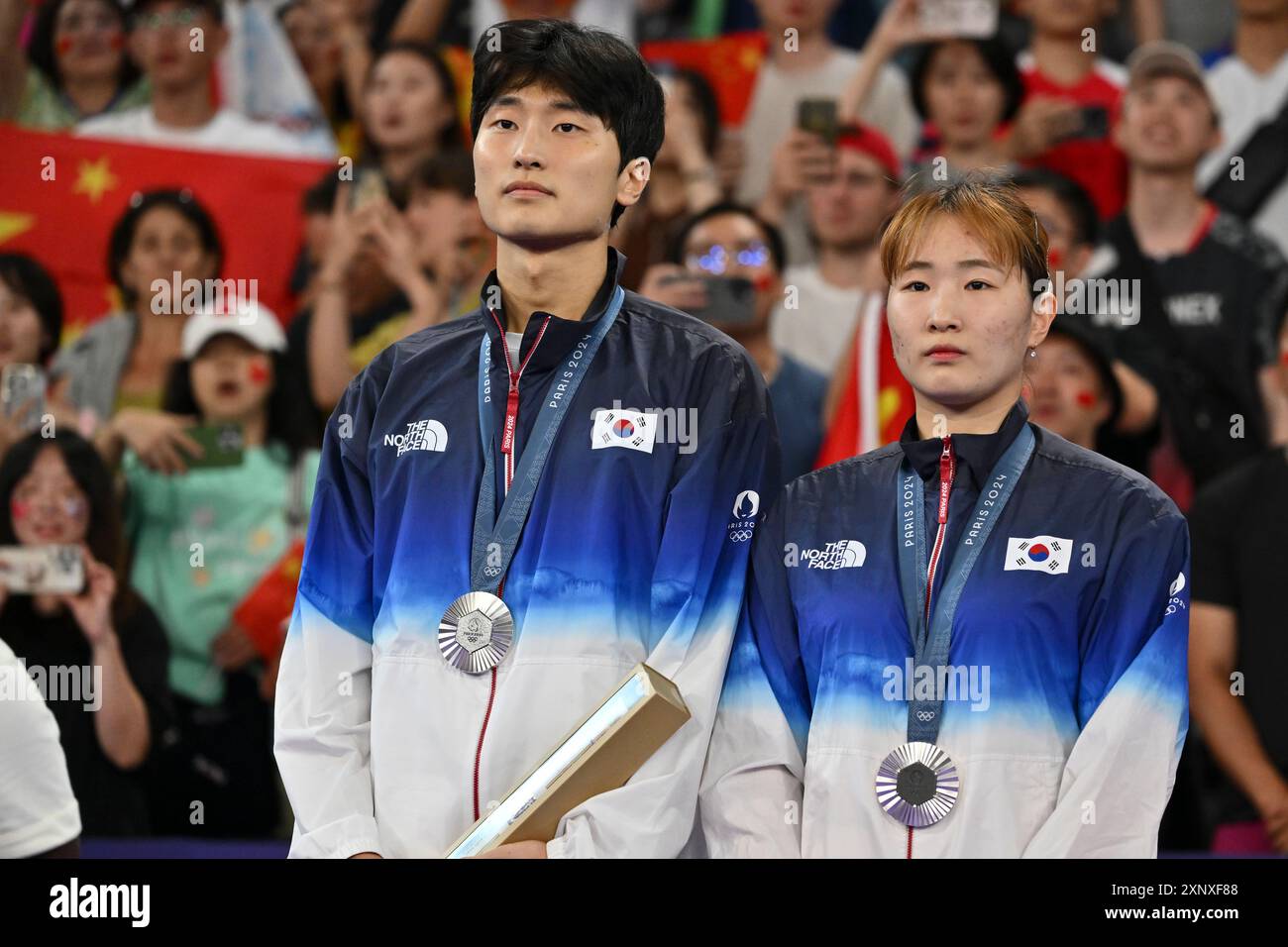 Korea Team (KOR) KIM/JEONG, silver medal, Badminton Mixed Doubles Medal Ceremony at La Chapelle ...