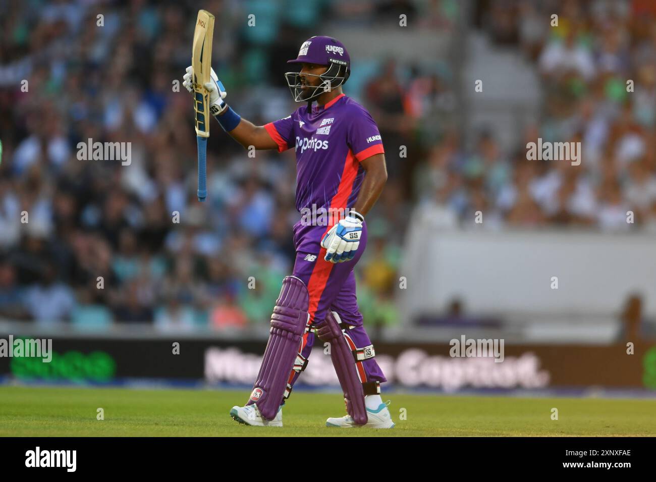 London, England. 2nd Aug 2024. Nicholas Pooran celebrates reaching a ...