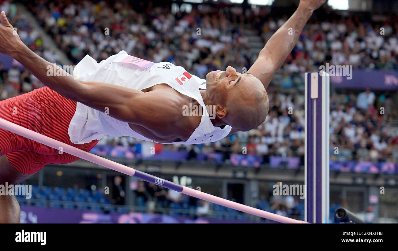 Damian Warner, of Canada, makes an attempt in the decathlon high jump ...