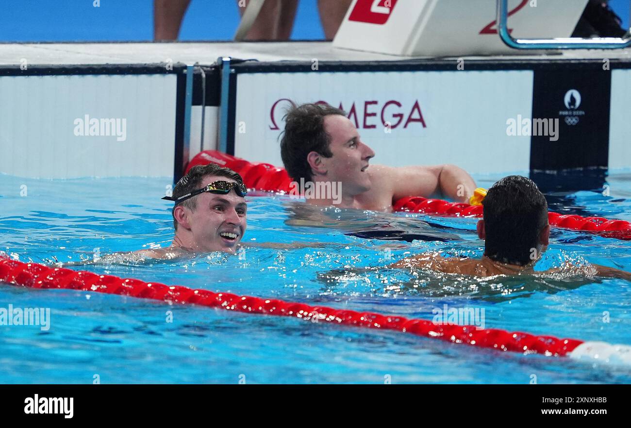 Great Britain’s Ben Proud (left) celebrates winning silver after the ...
