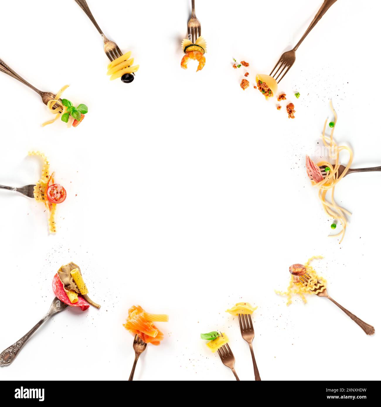 Italian food collage. Pasta design elements. Many forks with pasta and ...
