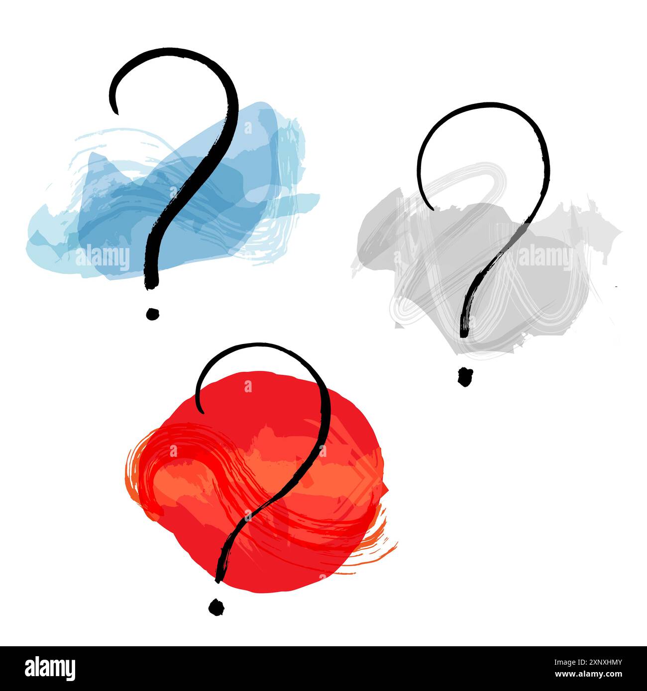 Vector question marks set, hand drawn in ink with watercolor brush ...
