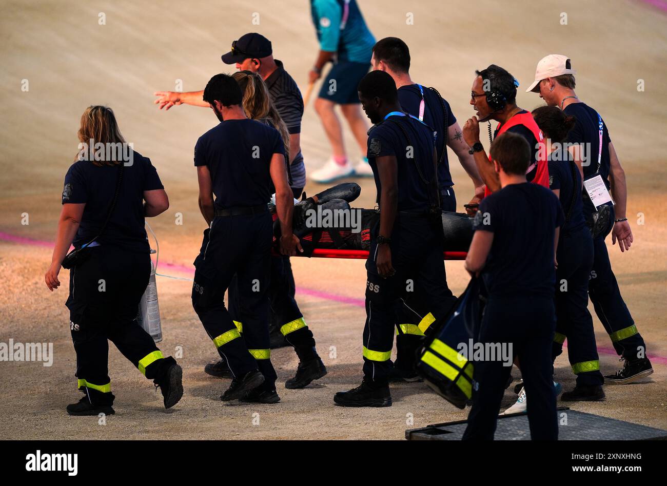 Great Britain's Kye Whyte leaves the track on a stretcher after a crash ...