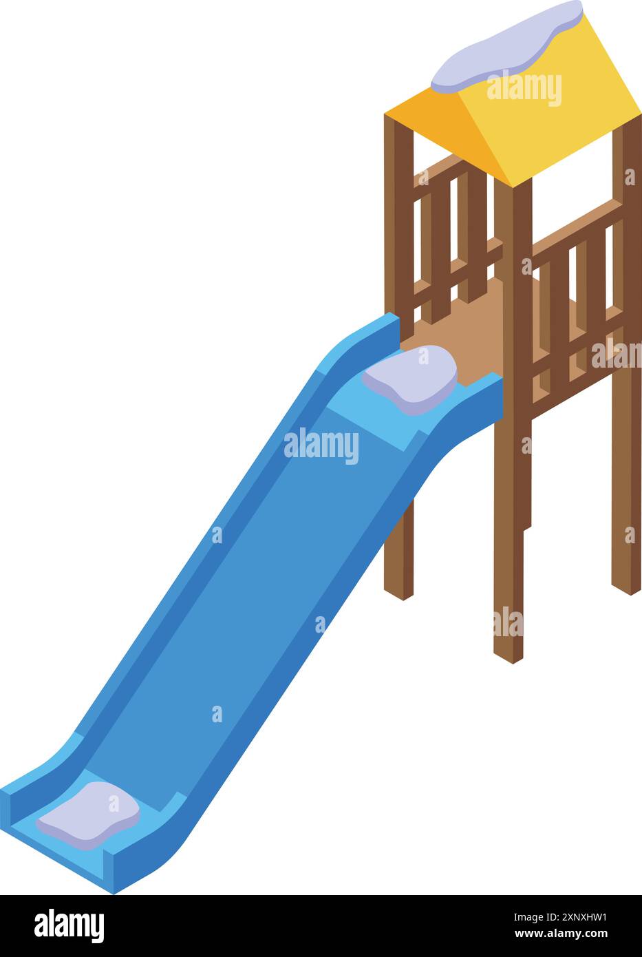 Blue playground slide covered with snow standing on white background ...