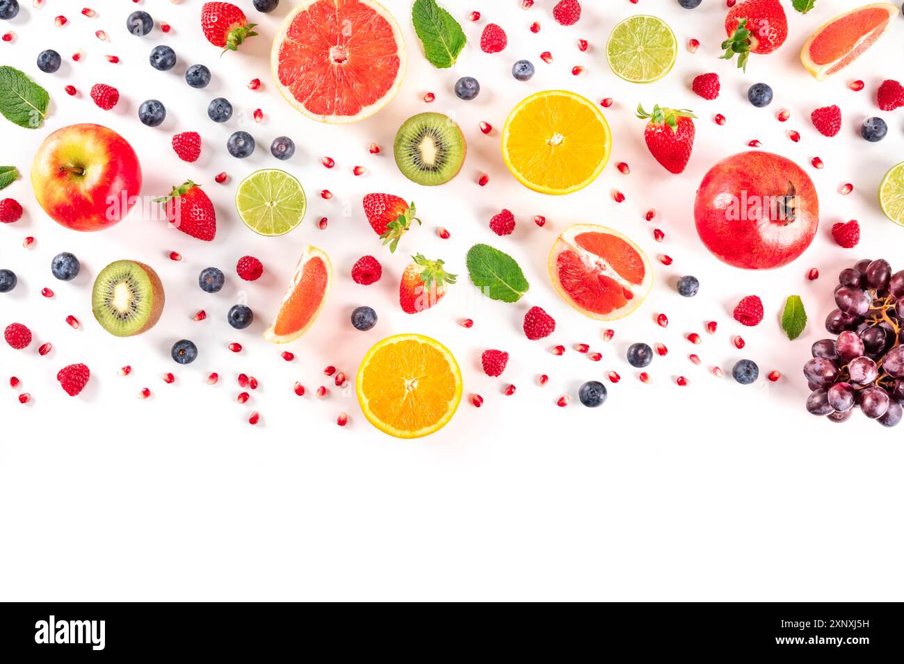 Fresh summer fruit design template, a flat lay top shot on a white ...