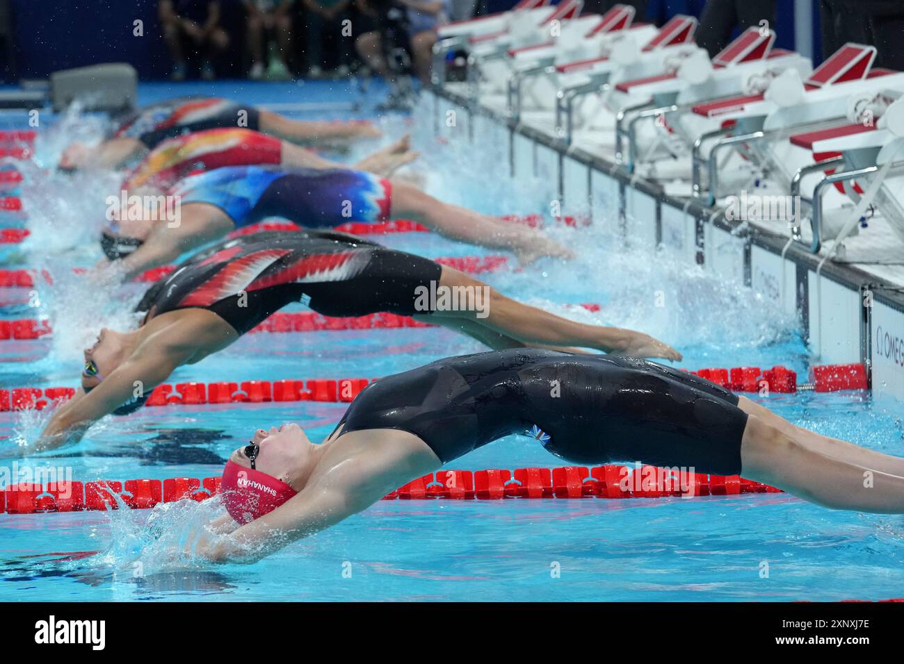 Katie Shanahan of Britain, starts in the women's 200-meter backstroke ...