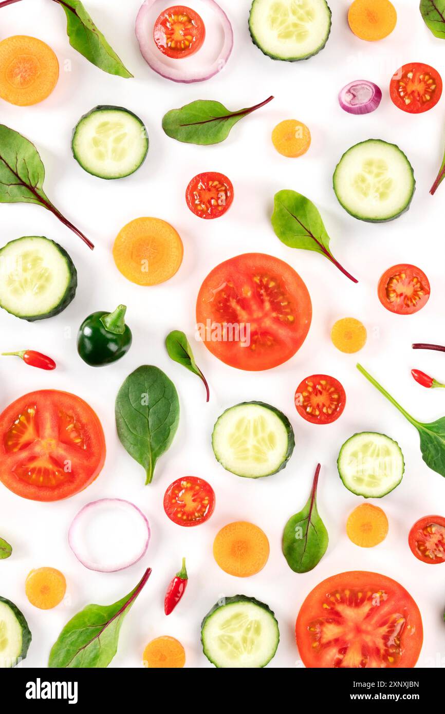 Fresh summer vegetables, a flat lay on a white background, vibrant food ...