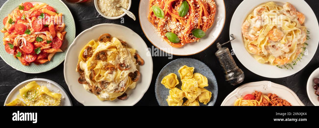 Pasta variety panorama. Chicken, mushroom, vegetable, seafood, and meat ...