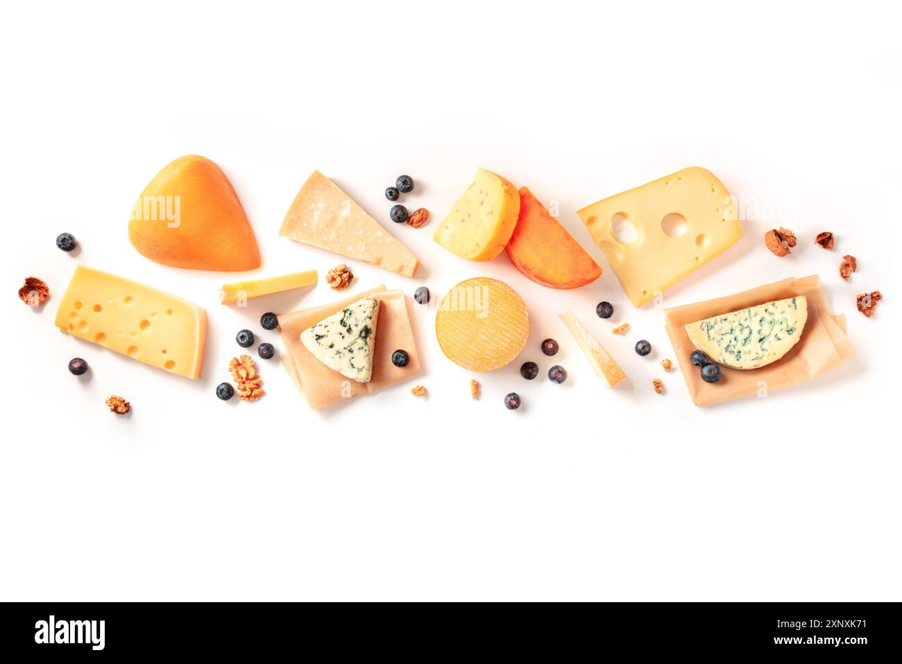 Cheese. Many different types of cheeses, overhead flat lay shot on a ...