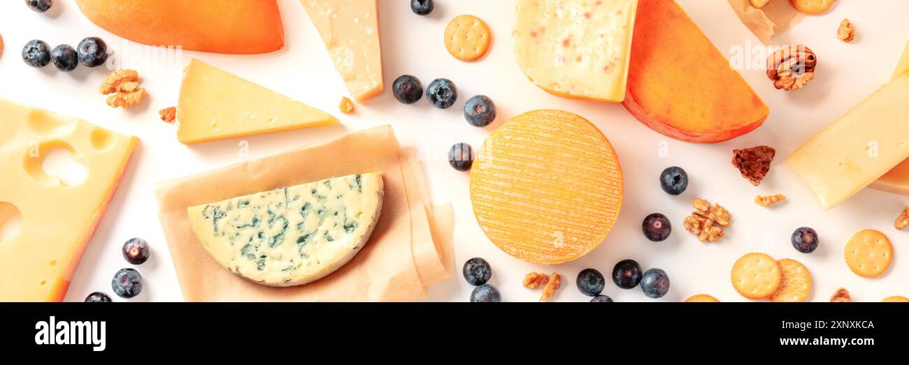 Cheese variety panorama. Various cheeses, shot from above on a white ...