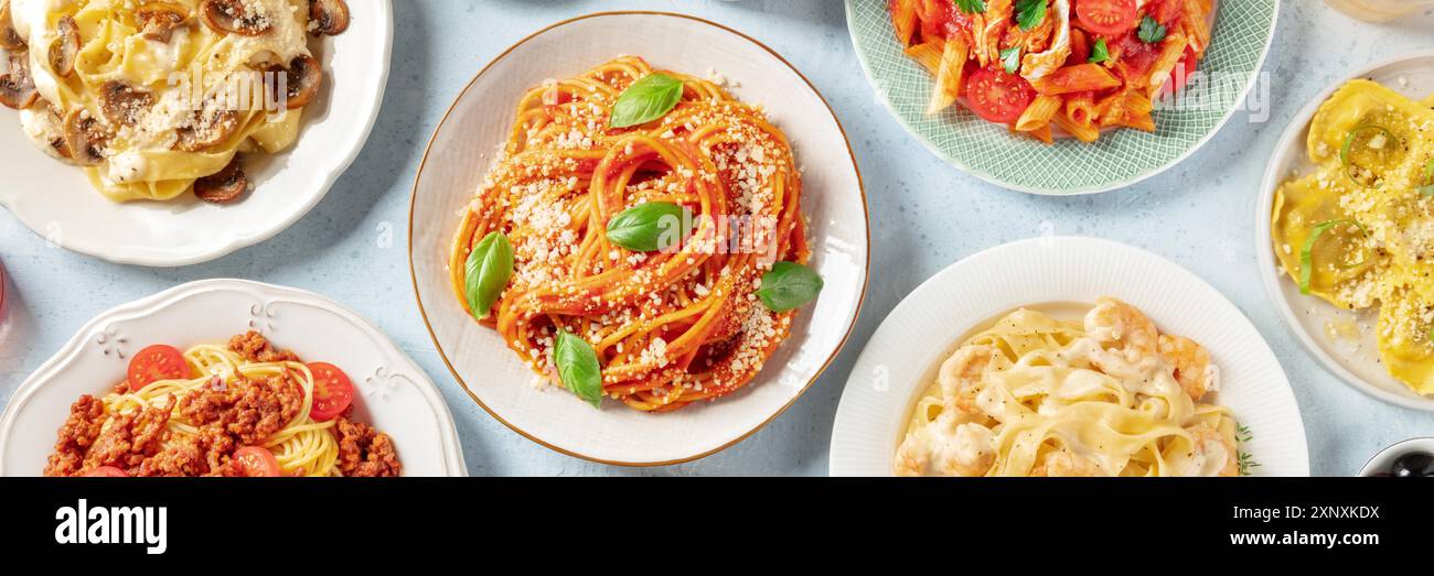 Pasta panorama. Assortment of Italian pastas, with spaghetti in tomato ...