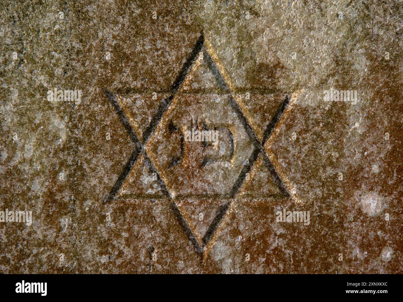 Jewish Star of David on the tombstone. Symbol of the Jews. Close up ...