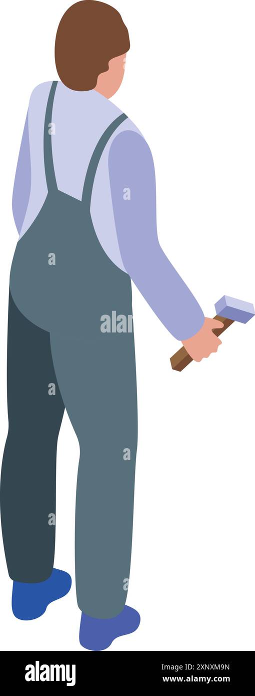 Construction worker is holding a hammer, standing with his back to us ...