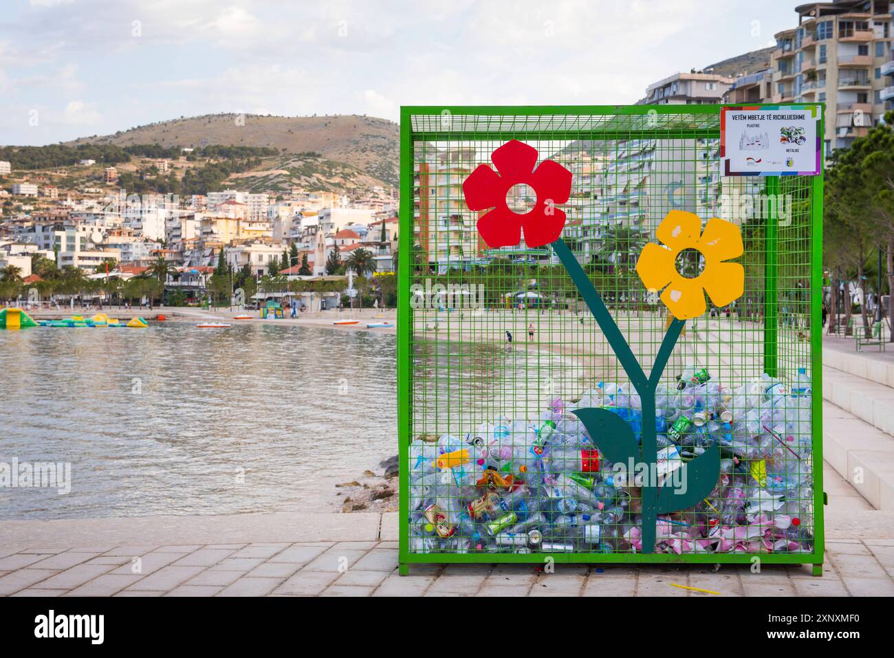 Recycling of plastic and metal bottles, Saranda, port city and seaside ...
