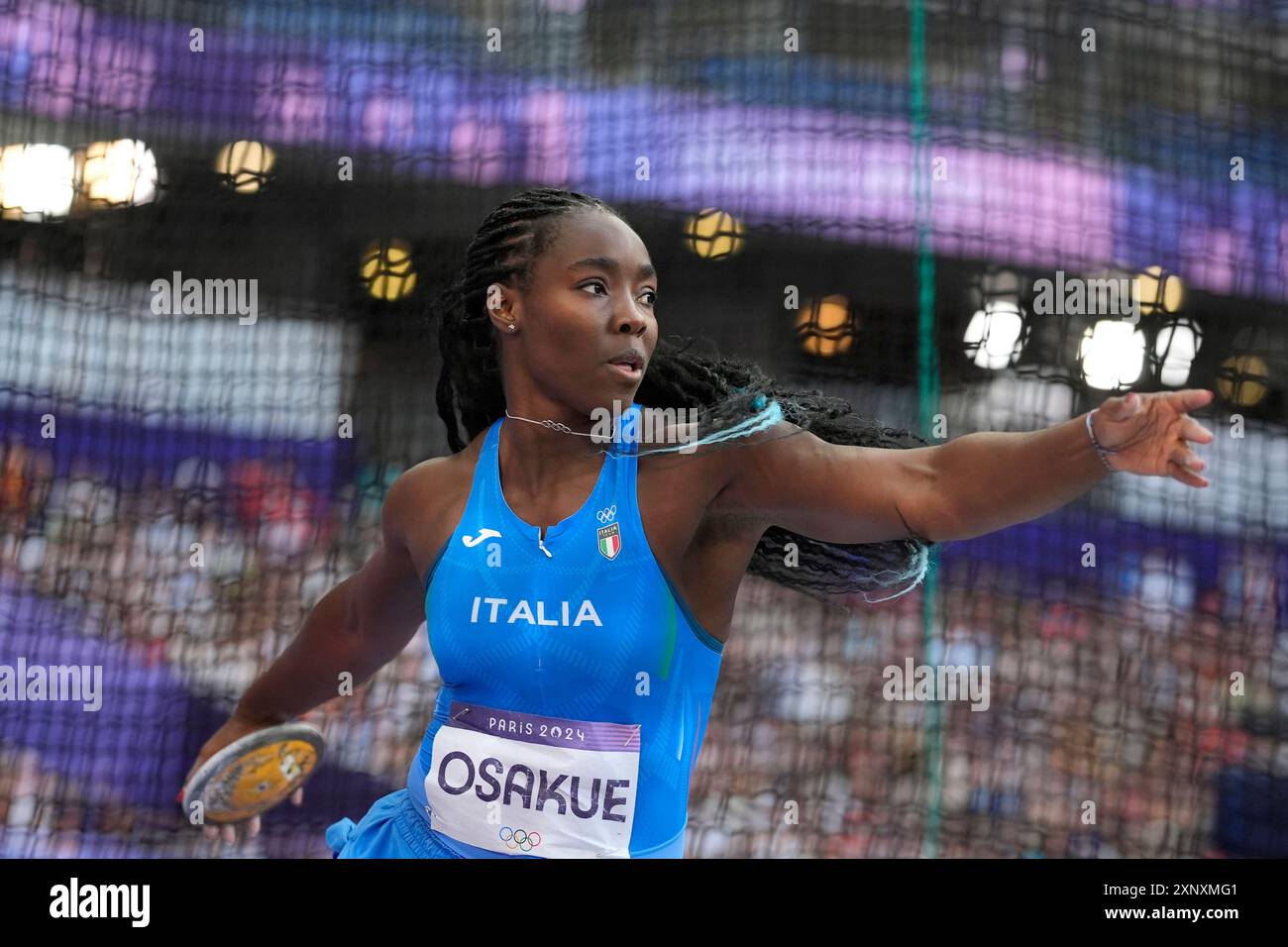 Daisy Osakue, of Italy, makes an attempt in the women's discus throw ...