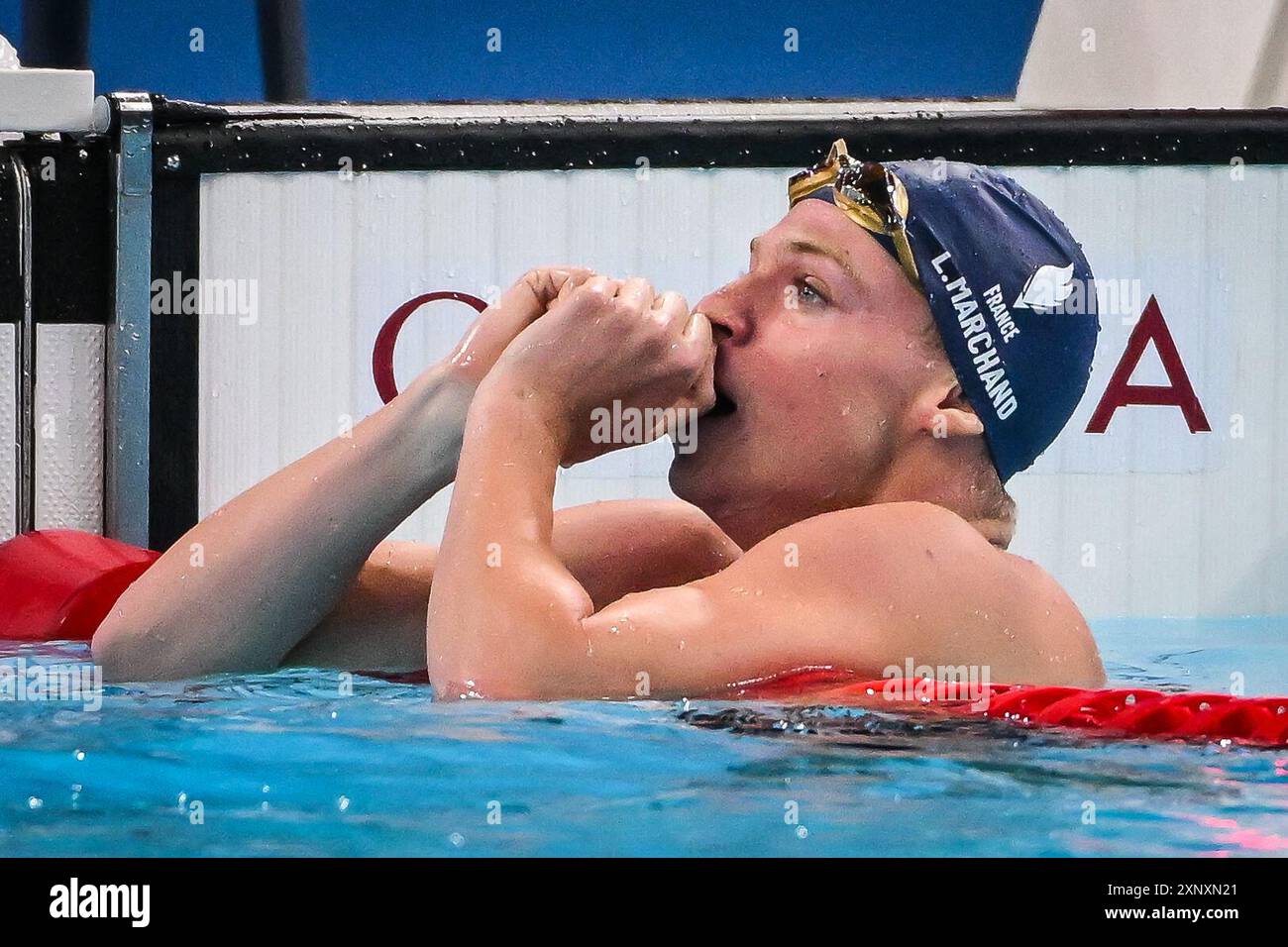 MARCHAND Leon of France celebrates during the Swimming, Men's 200m ...