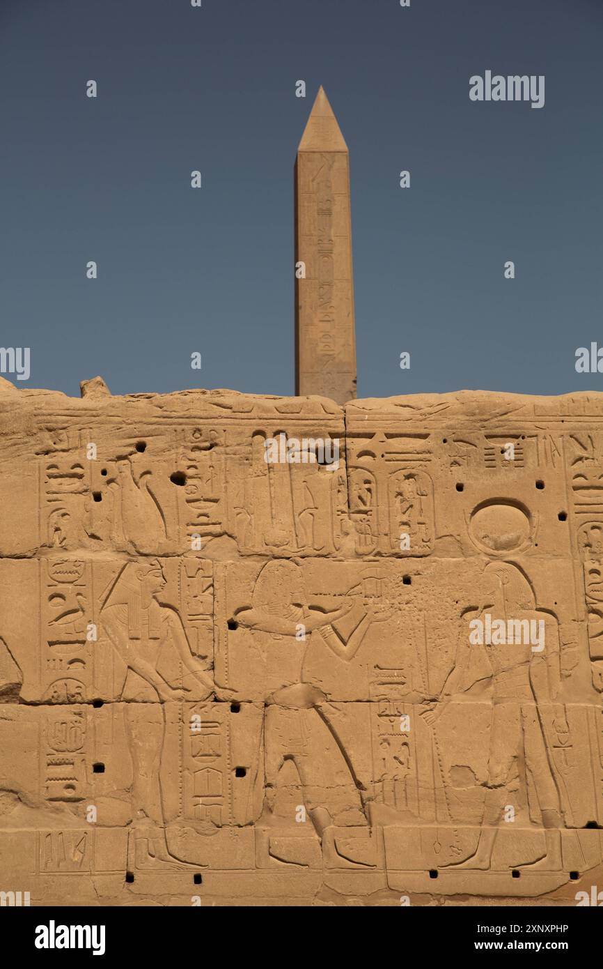 Wall Reliefs in foreground, Obelisk of Thutmose I in the background ...