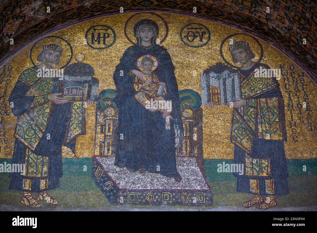 Mosaic, Emperor Justinian on left, the Virgin and Child in center ...