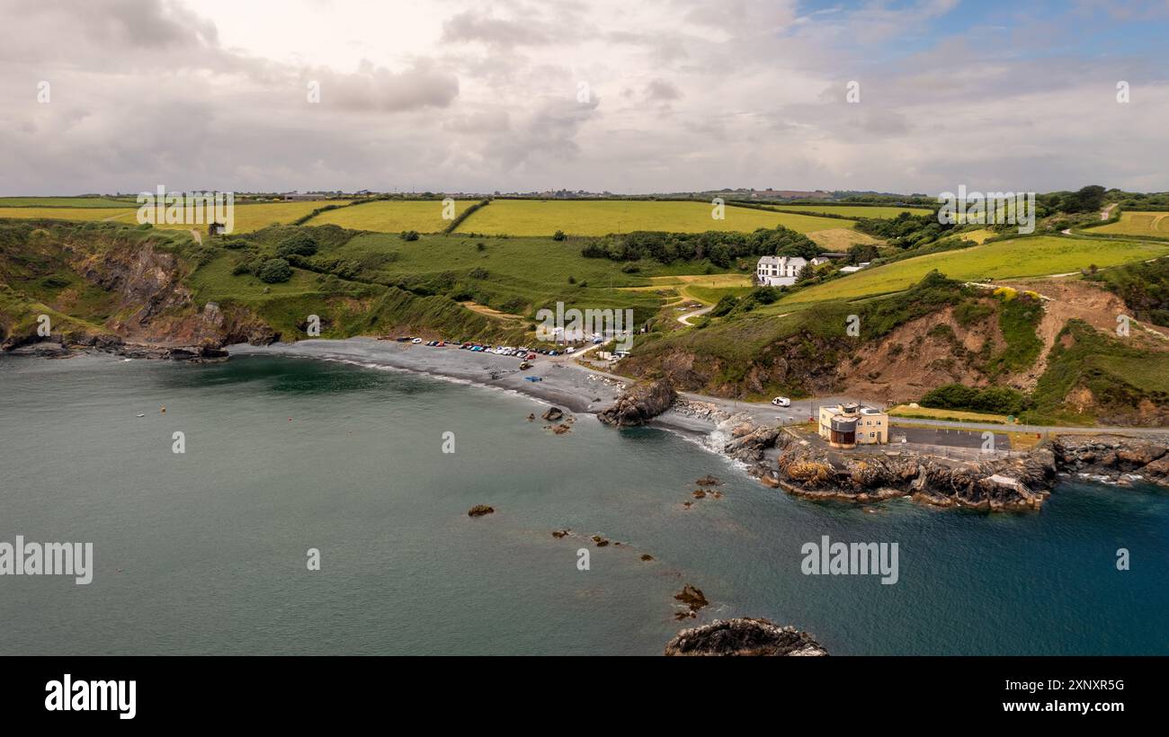Aerial panoramic landscape of Porthoustock deep sea diving club in ...