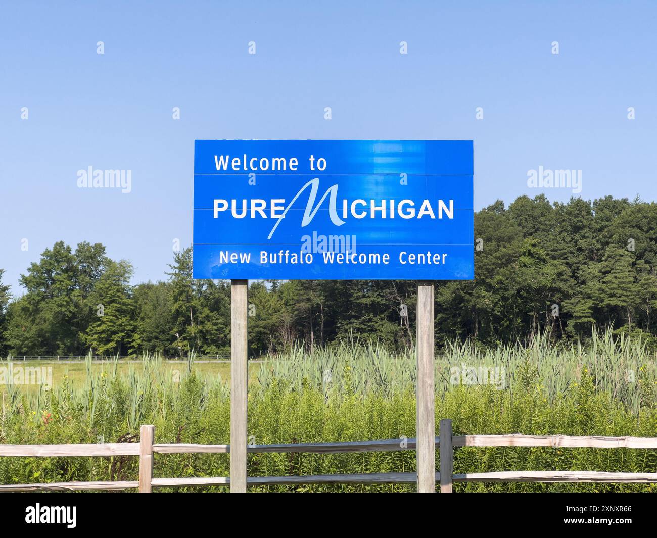 A welcome to Pure Michigan sign at the New Buffalo Welcome Center as ...