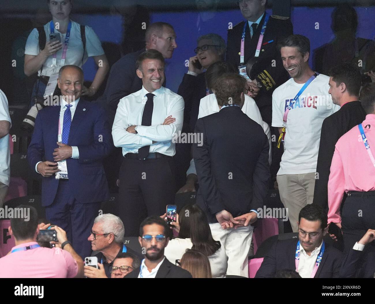 France's President Emmanuel Macron visits a venue of the swimming in ...