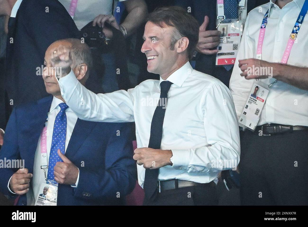 French President Emmanuel MACRON during the Swimming, Olympic Games ...