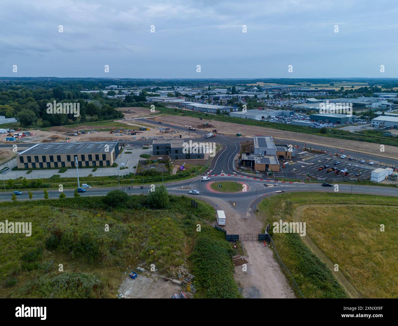 Aerial view of a roundabout and industrial estate under construction ...