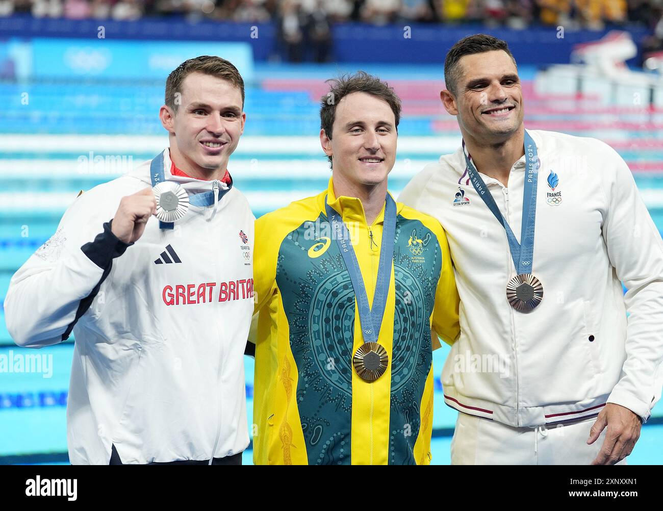 Paris, France. 2nd Aug, 2024. Gold medalist Cameron McEvoy (C) of ...