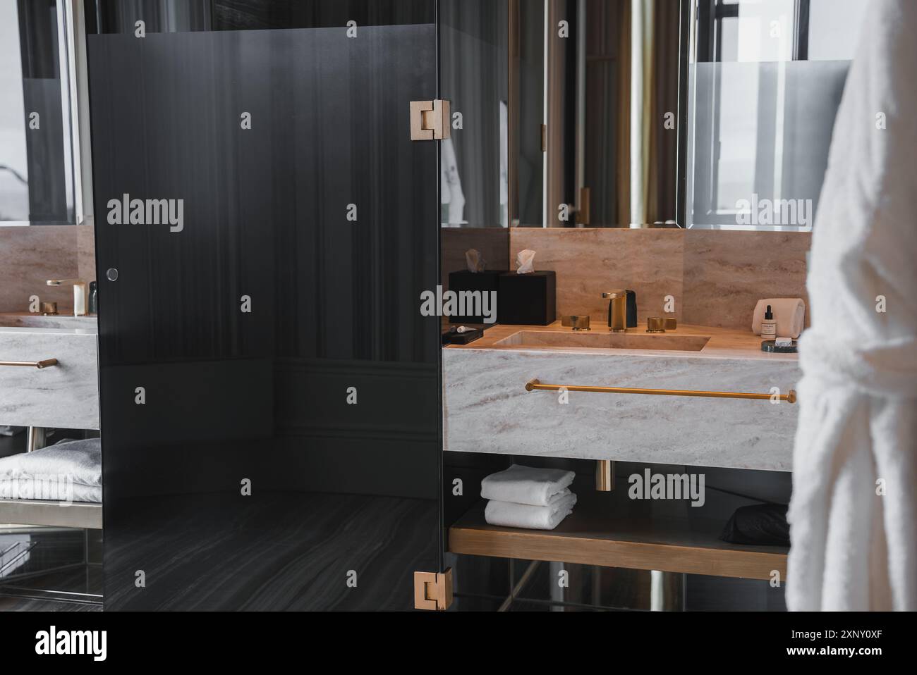 Luxurious Hotel Bathroom with Marble Countertop and Gold Fixtures Stock ...