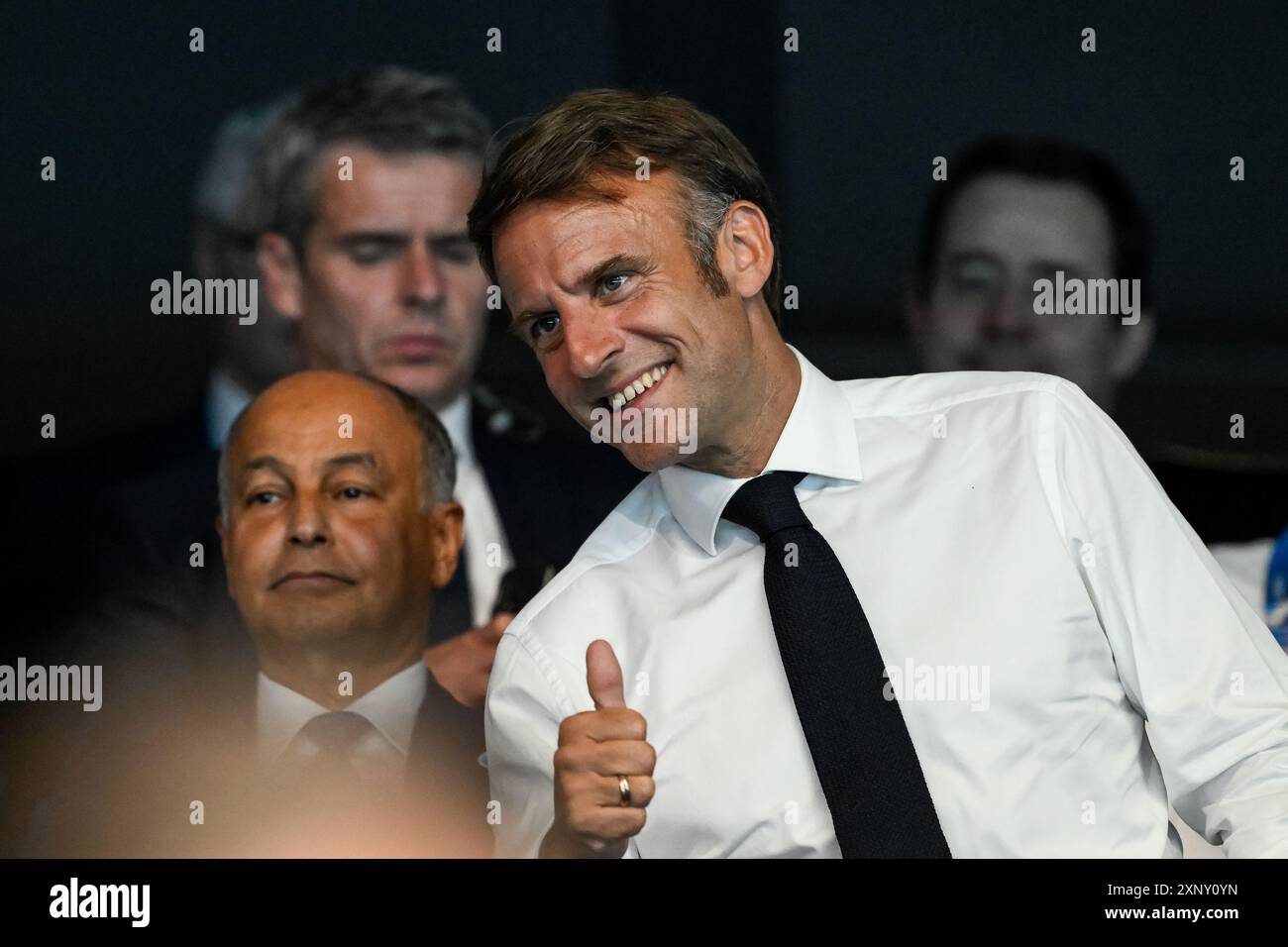 Paris, France. 02nd Aug, 2024. Emmanuel Macron during Swimming Finals ...