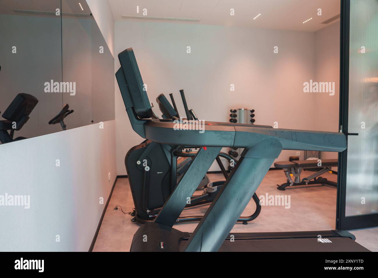 A sleek and minimalist gym interior featuring high-end treadmills, free ...
