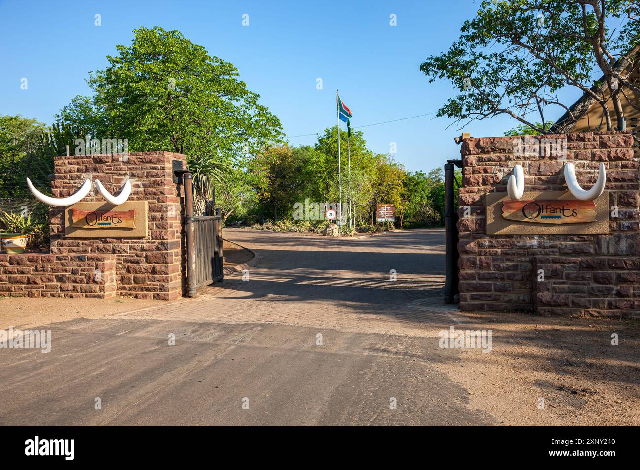 South Africa, Kruger National Park, Olifants rest camp entrance Stock ...