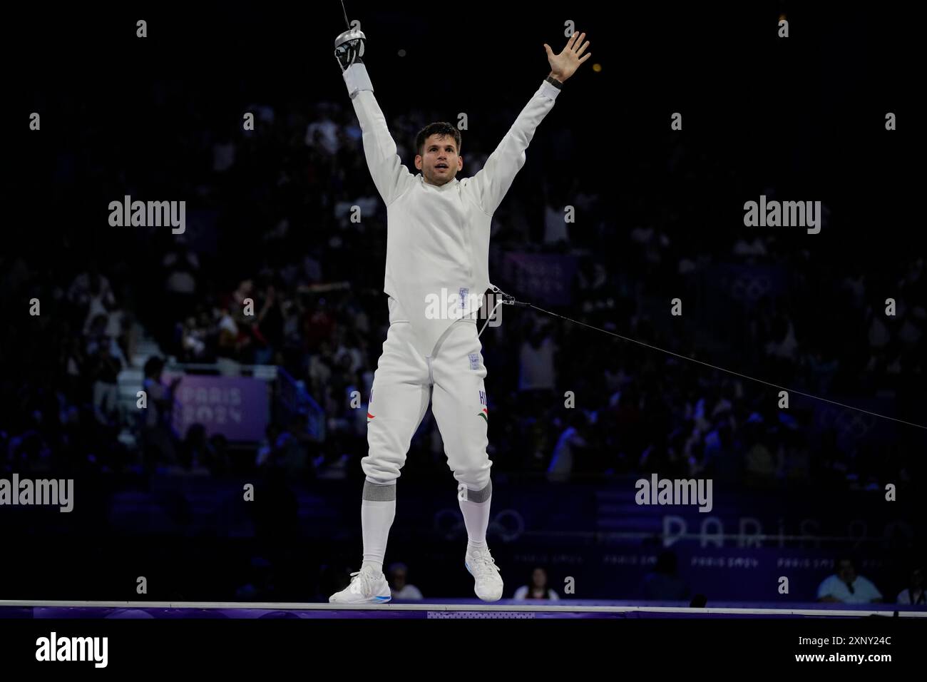Hungary's Gergely Siklosi celebrates after winning the men's team epee ...