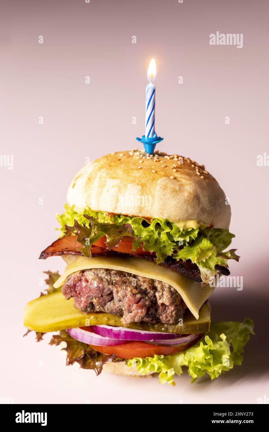 Close-up of a single cheeseburger Stock Photo - Alamy