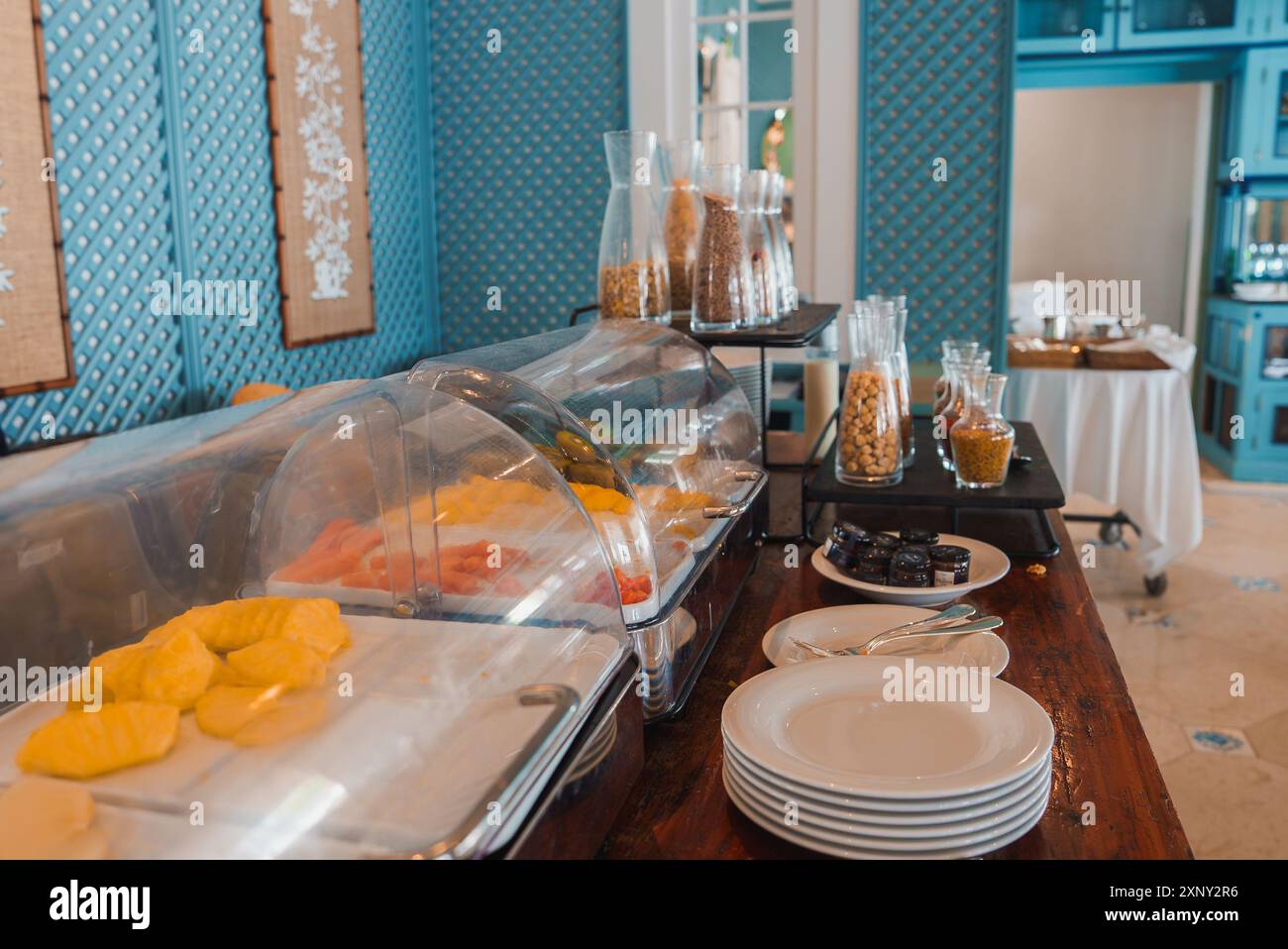 Luxurious Breakfast Buffet in Elegant Hotel with Blue Quilted Wall ...